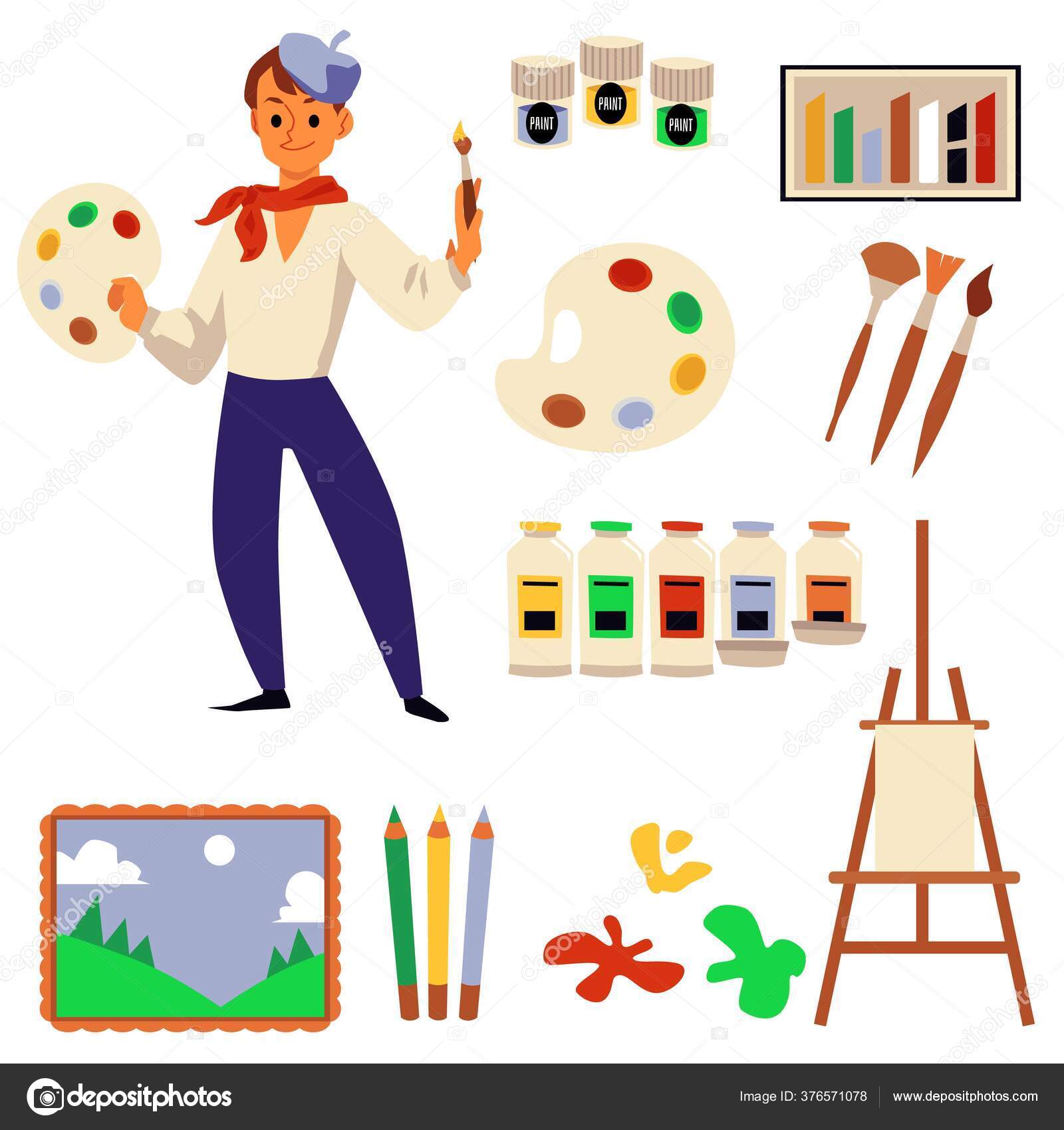 Cartoon artist and his drawing tools set isolated on white background ...