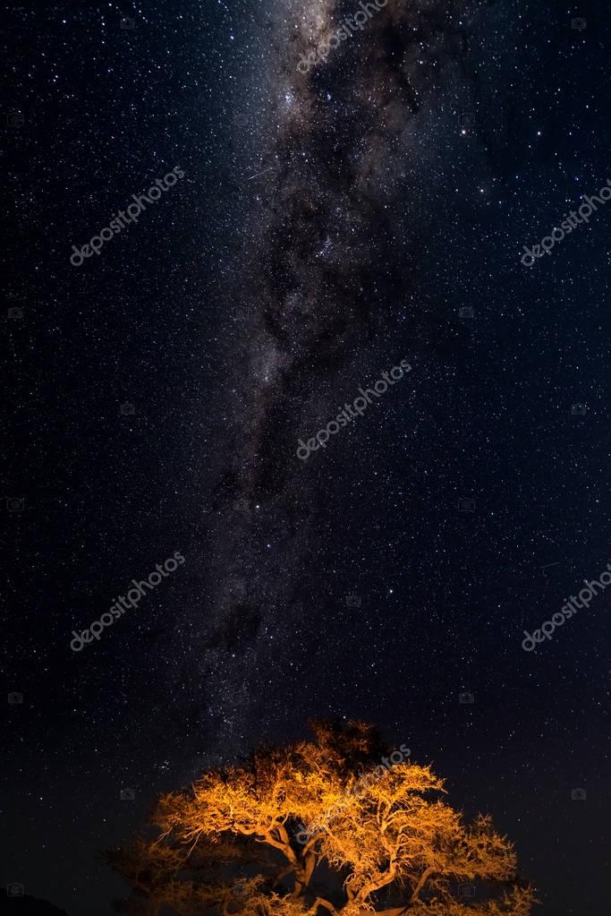 Cielo estrellado y arco de la Vía Láctea, con detalles de su brillante ...