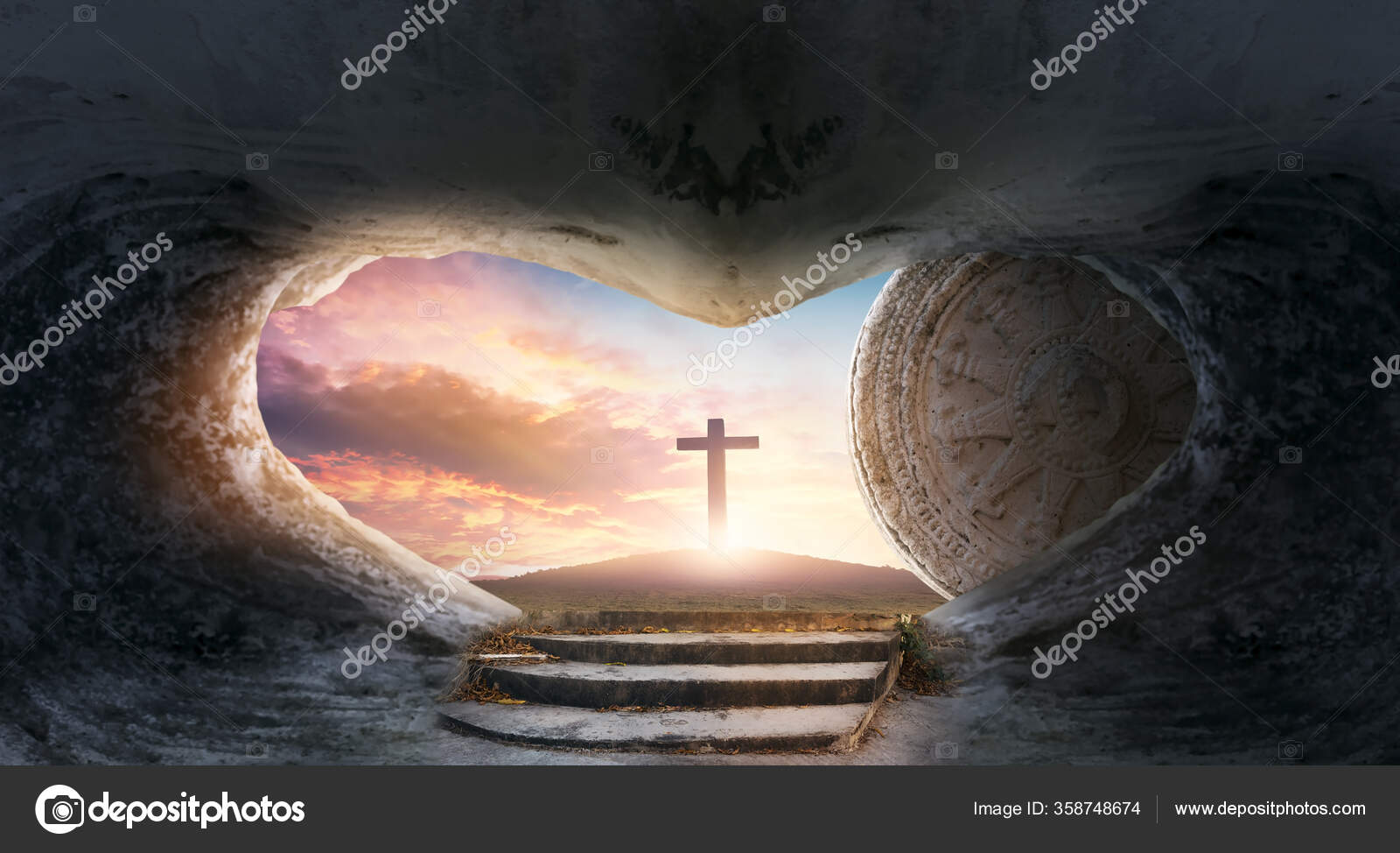 Easter Concept Empty Tomb Jesus Christ Sunrise Cross Background Stock Photo by ©paulshuang 358748674