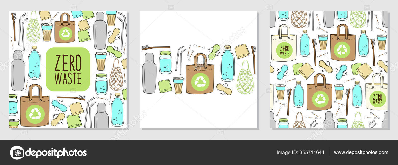 Cute set of backgrounds with hand drawn elements of no plastic, zero ...