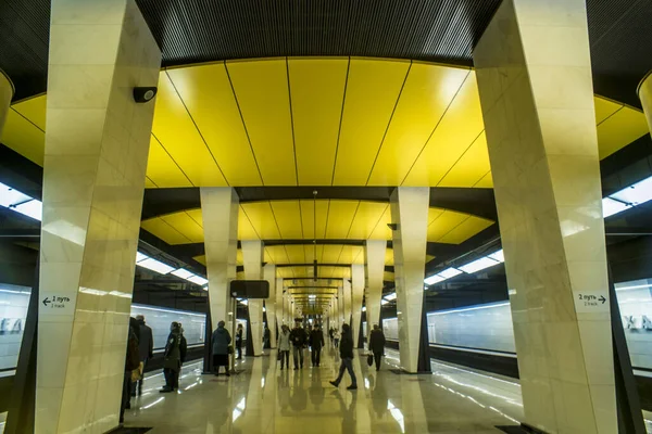 Panorama of the dark Moscow metro made of marble in the foyer and with ...