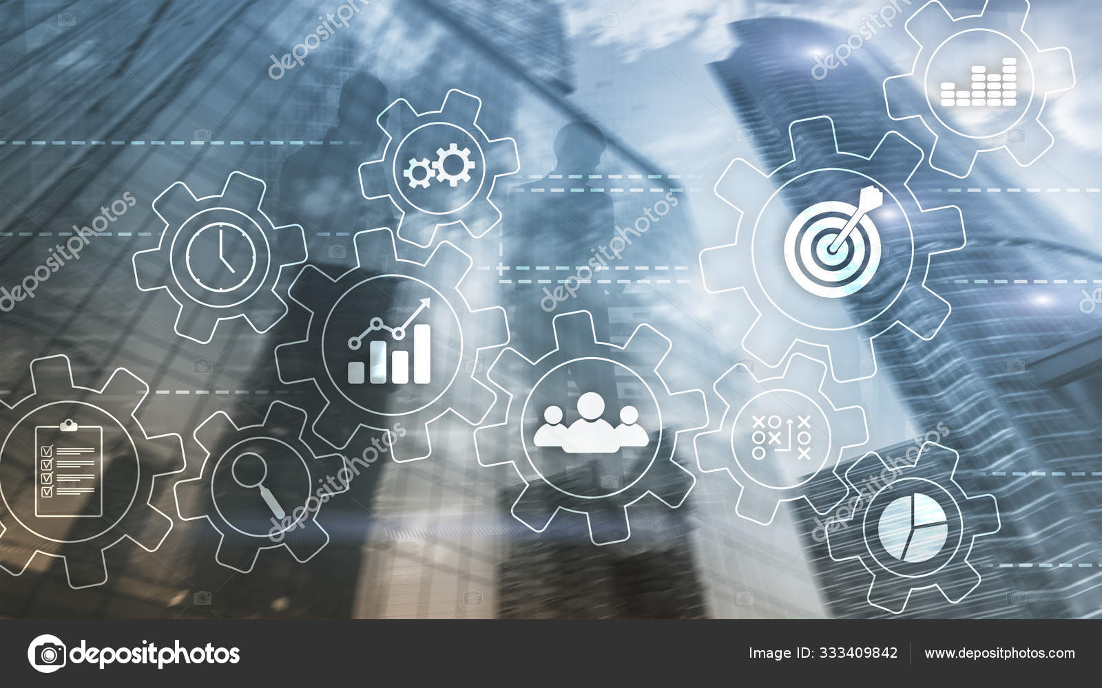 Business process automation concept. Gears and icons on abstract ...