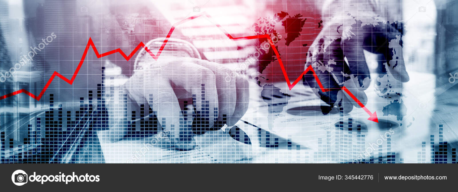 Chart with red down arrow on abstract background. Falling growth in ...