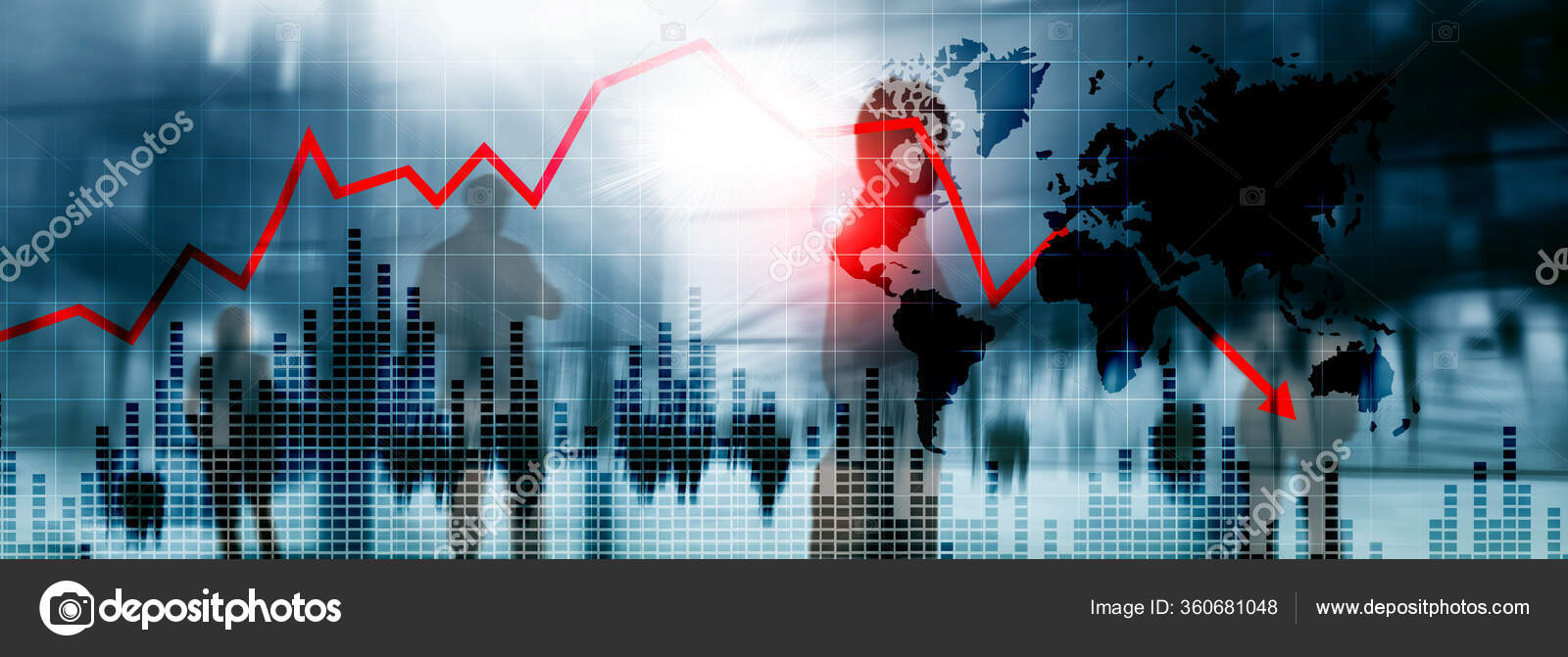 Chart with red down arrow on abstract background. Falling growth in ...