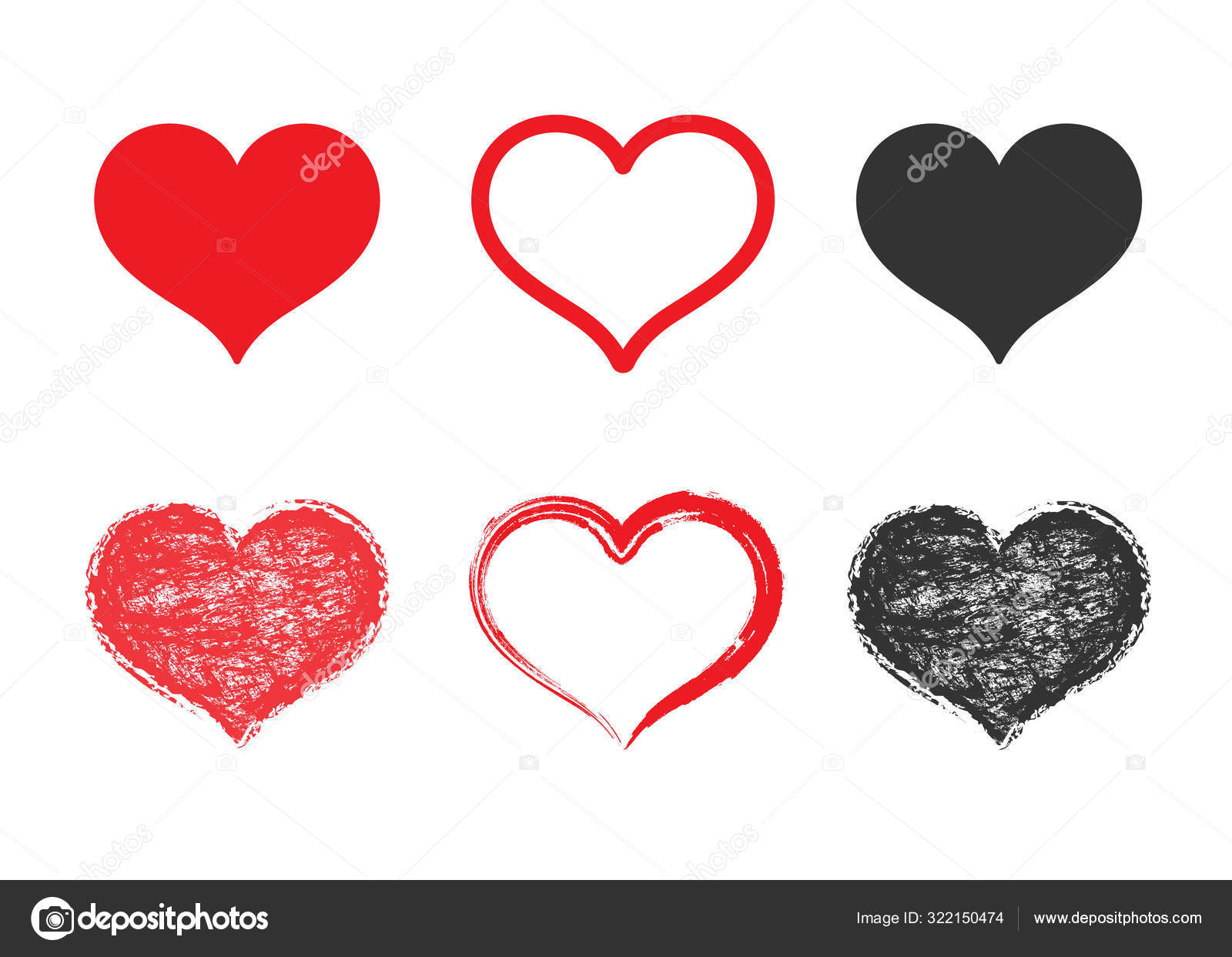Set of vector grunge heart icons. Hand drawn textured heart shapes for ...