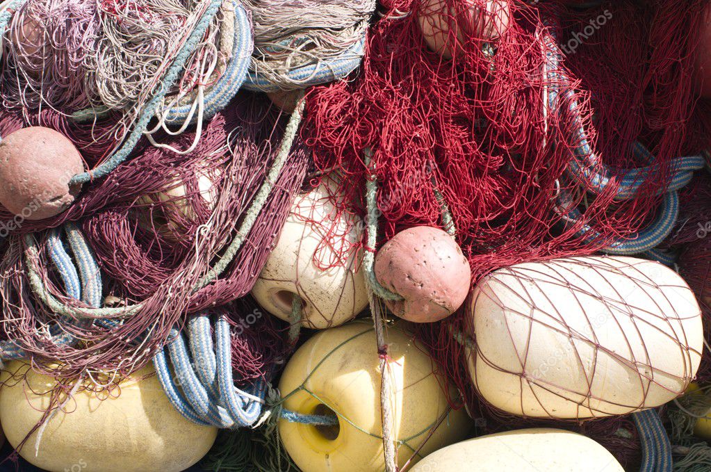 Collection Various Colorful Fishing Nets Fishing Tools — Stock Photo ...