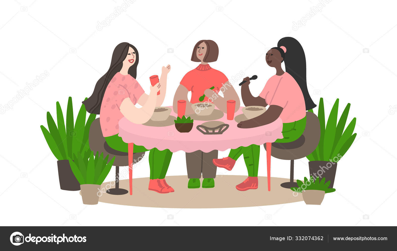 Drei Freundinnen Treffen Sich Beim Kaffee Und Haben Spaß Beim ...