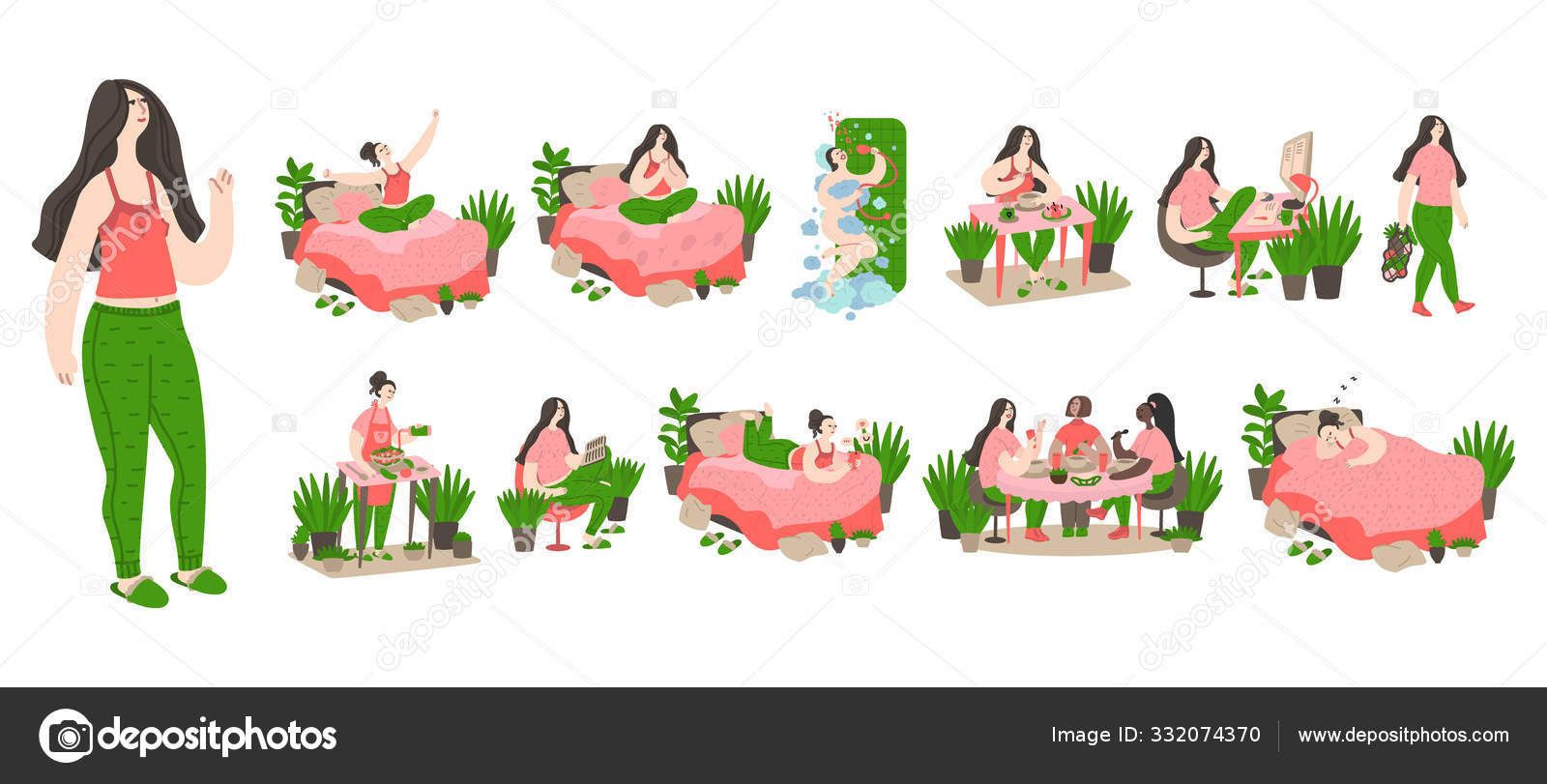 Set Daily Life Routine Young Woman Home Simply Vector Illustration ...