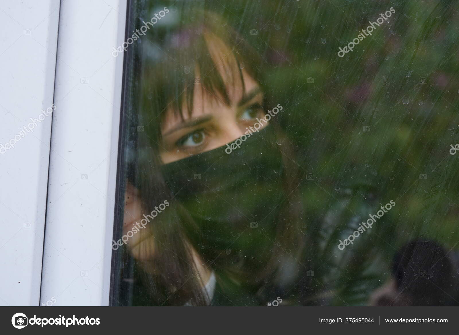 Portrait Thoughtful Female Brown Eyes Observing Window — Stock Photo ...