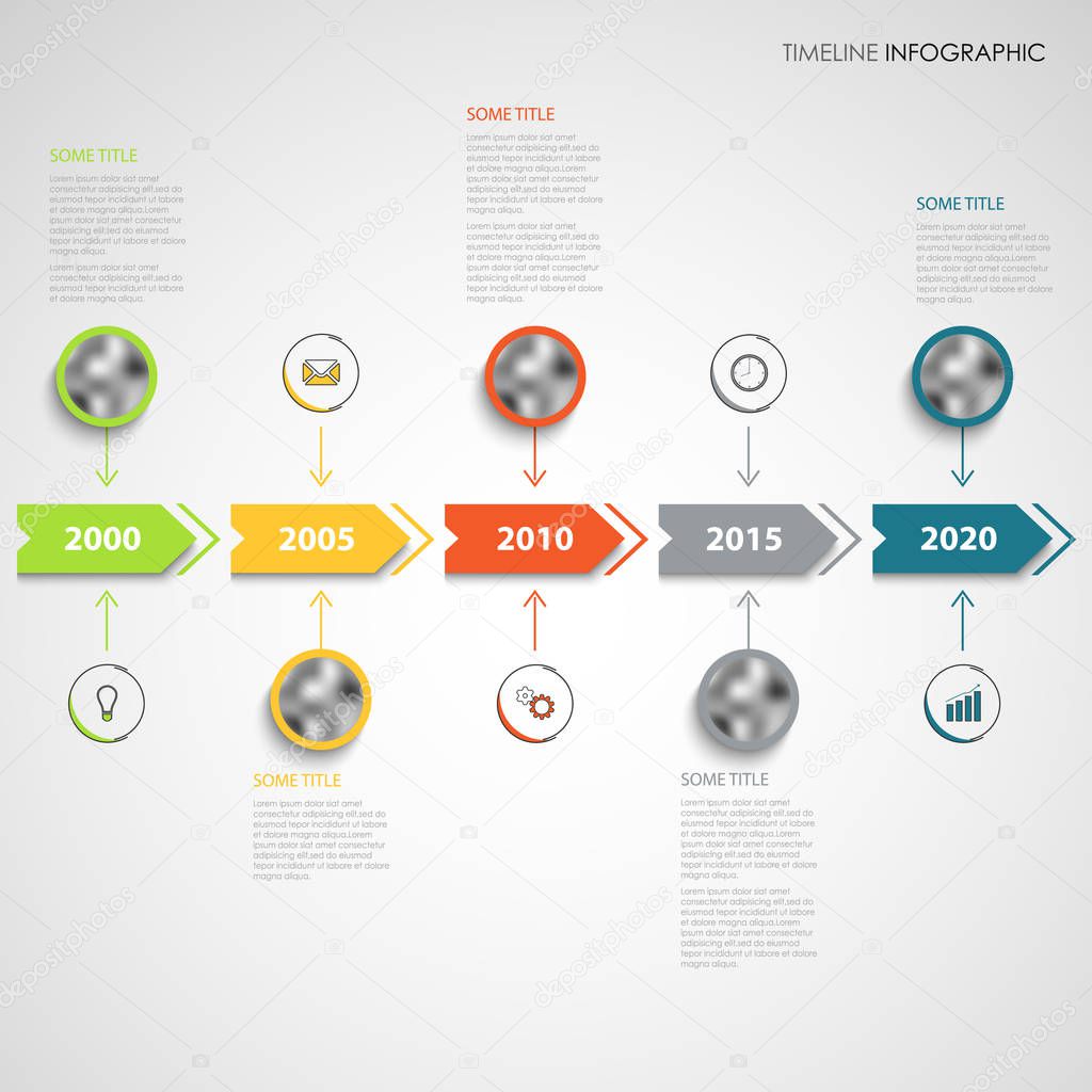 Línea de tiempo info gráfico con flechas de color y punteros redondos 2025