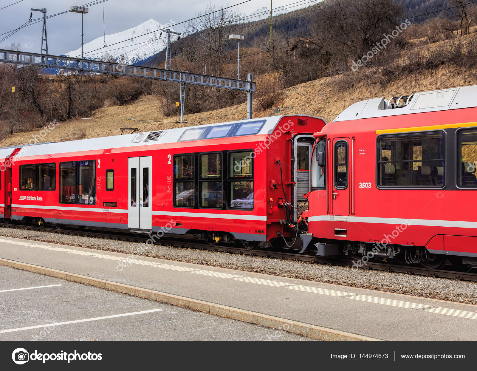 Rhaetian Railway train at the Filisur railway station in Switzer ...