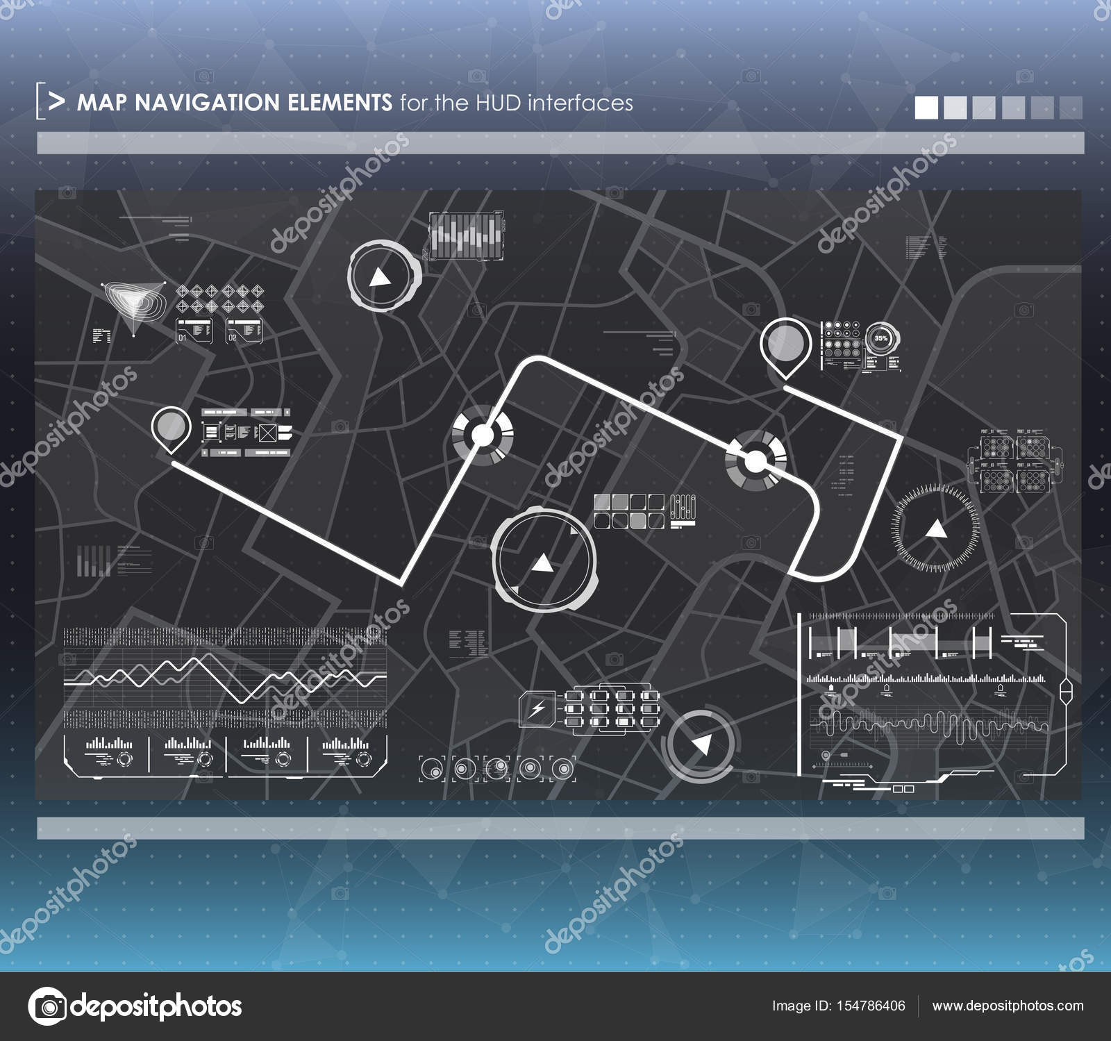 Head-up display navigation map elements for the web and app. Futuristic ...