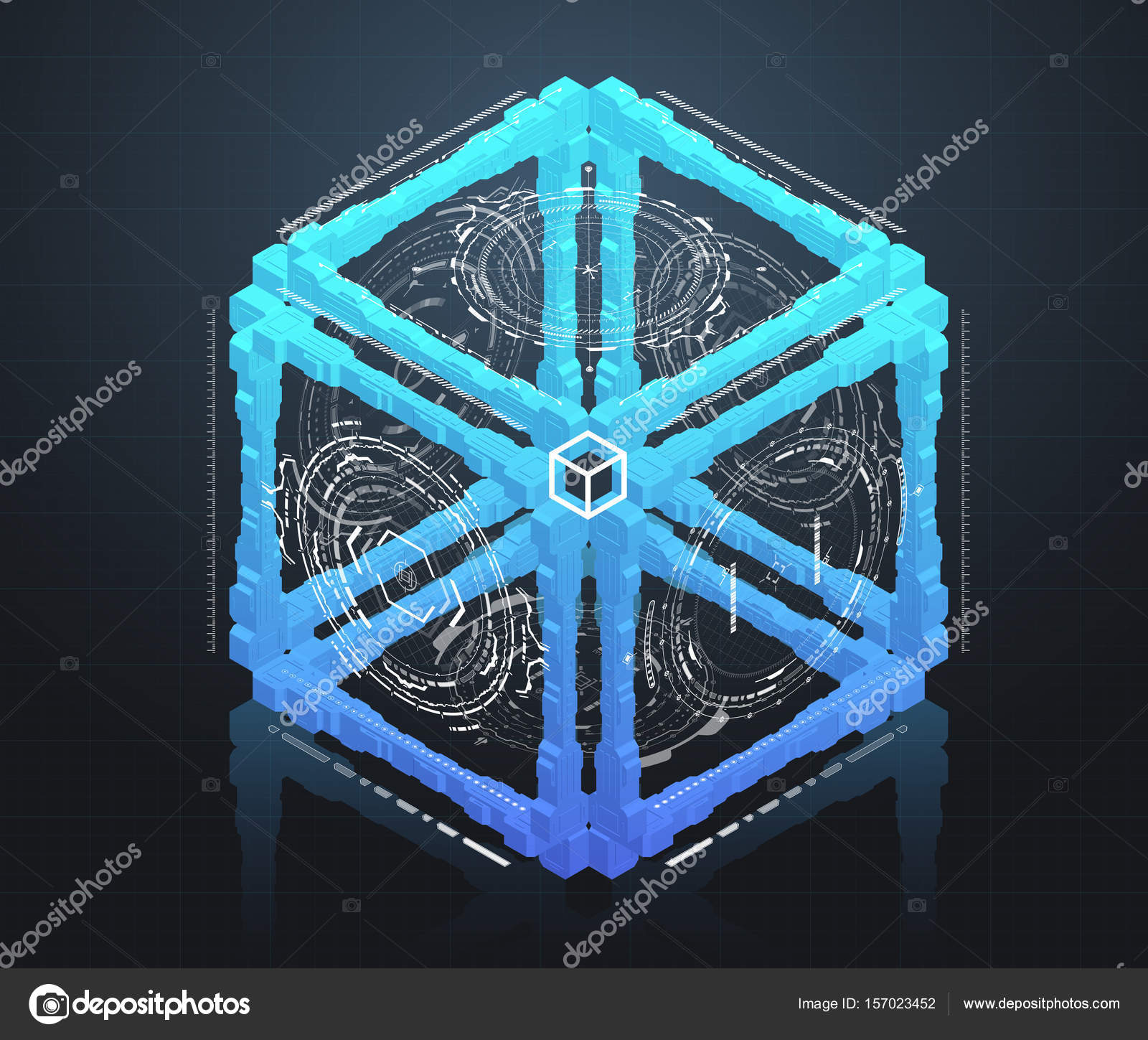 Background with futuristic virtual cube. Design concept with HUD user ...