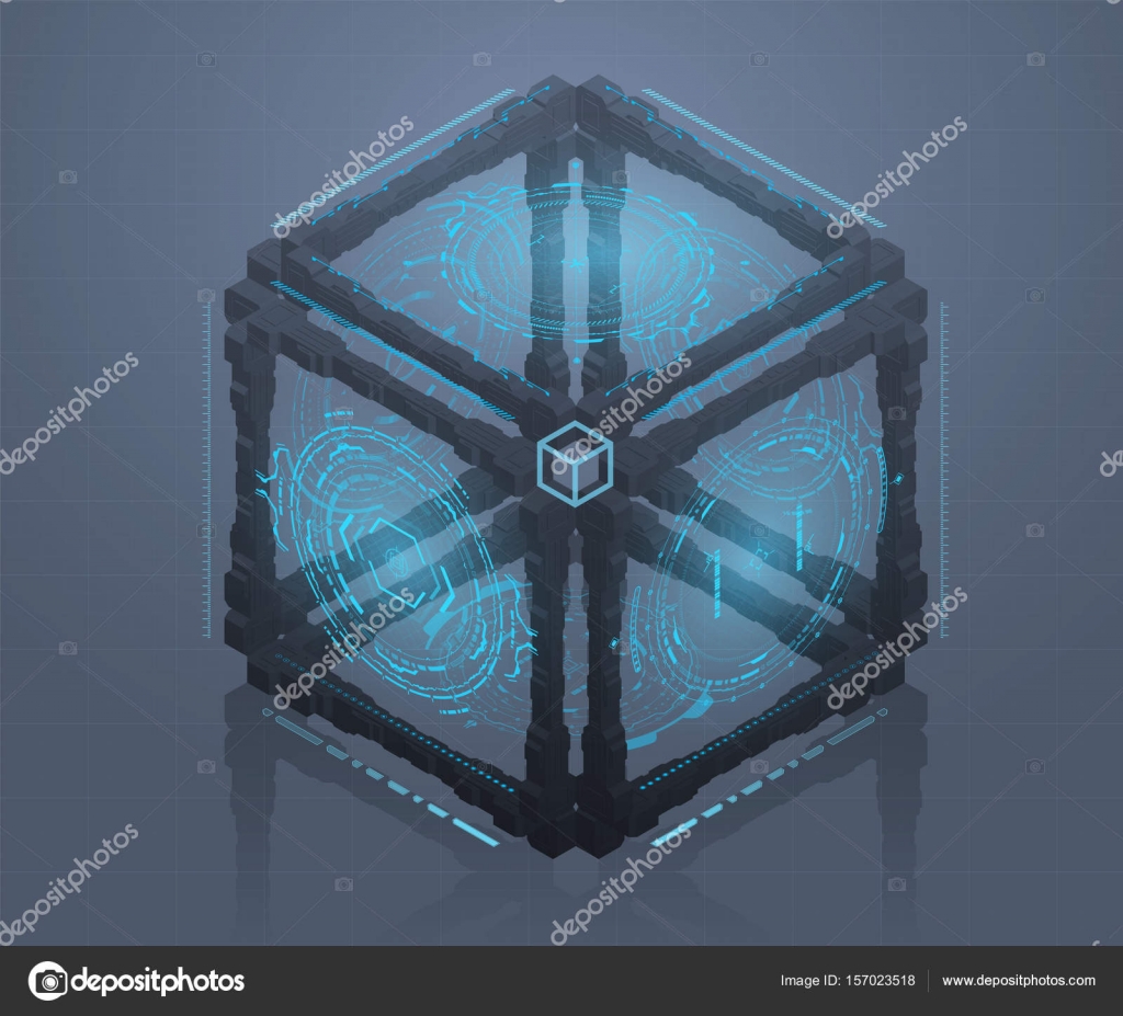 Background with futuristic virtual cube. Design concept with HUD user ...