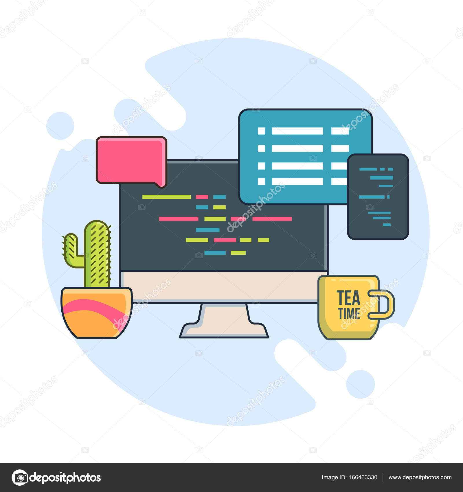 Workplace of a programmer or freelancer. Flat line illustration for web ...