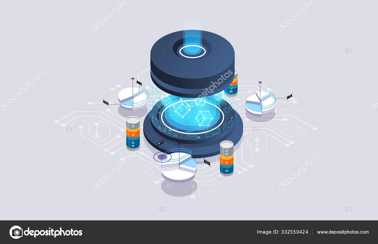 Data center server room concept. Concept of big data processing, energy station of future. Tech ...