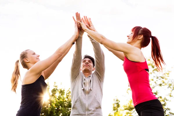 Group of young runners in park doing high five gesture. - Stock Image ...