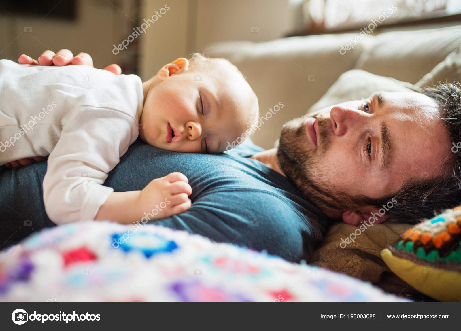 Dad Baby Sleep Hair Newborn Baby Girl Sleeping On Father's Shoulder At