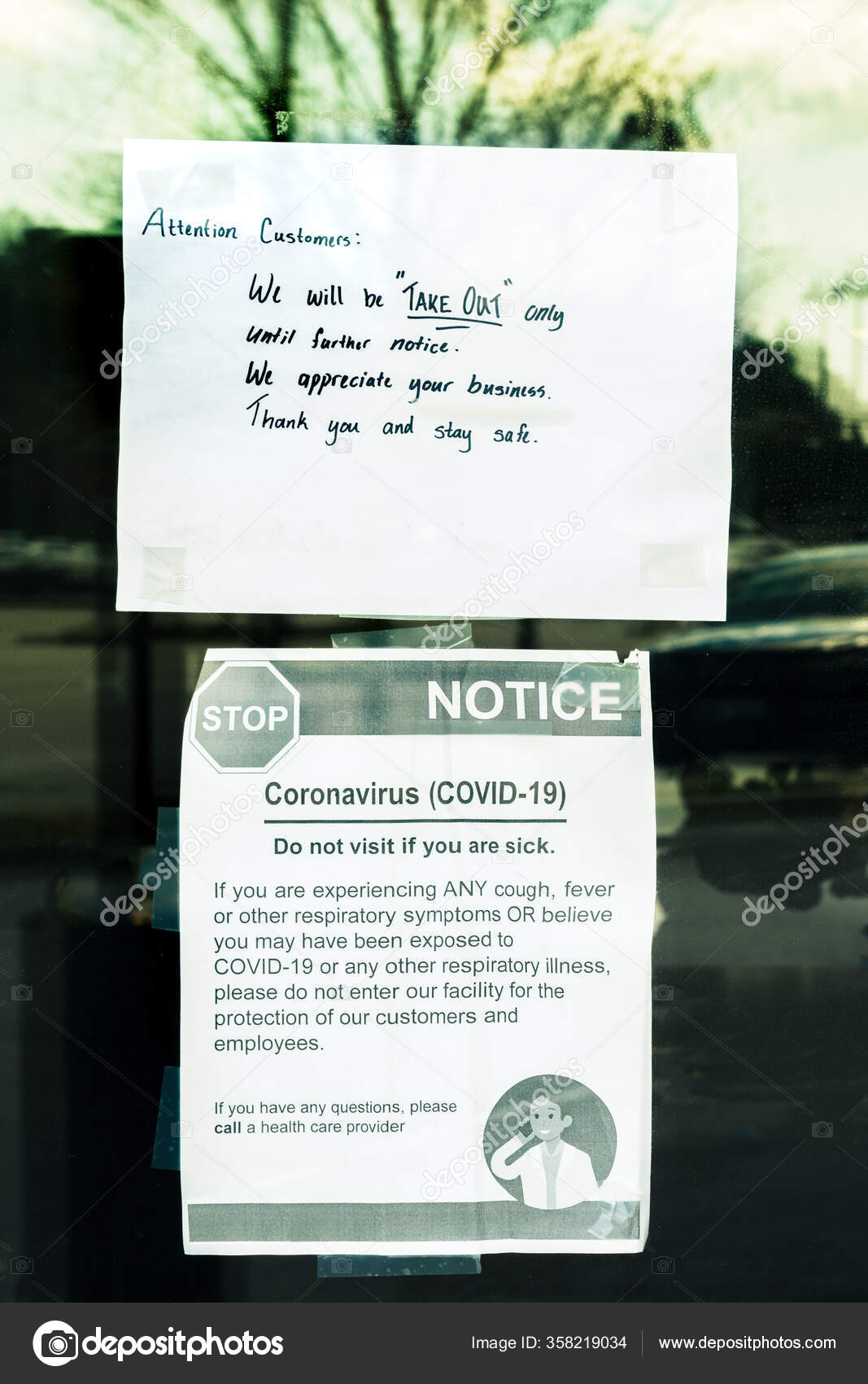 Take Out Only Covid Health Signs Taped Door Restaurant Time — Stock ...