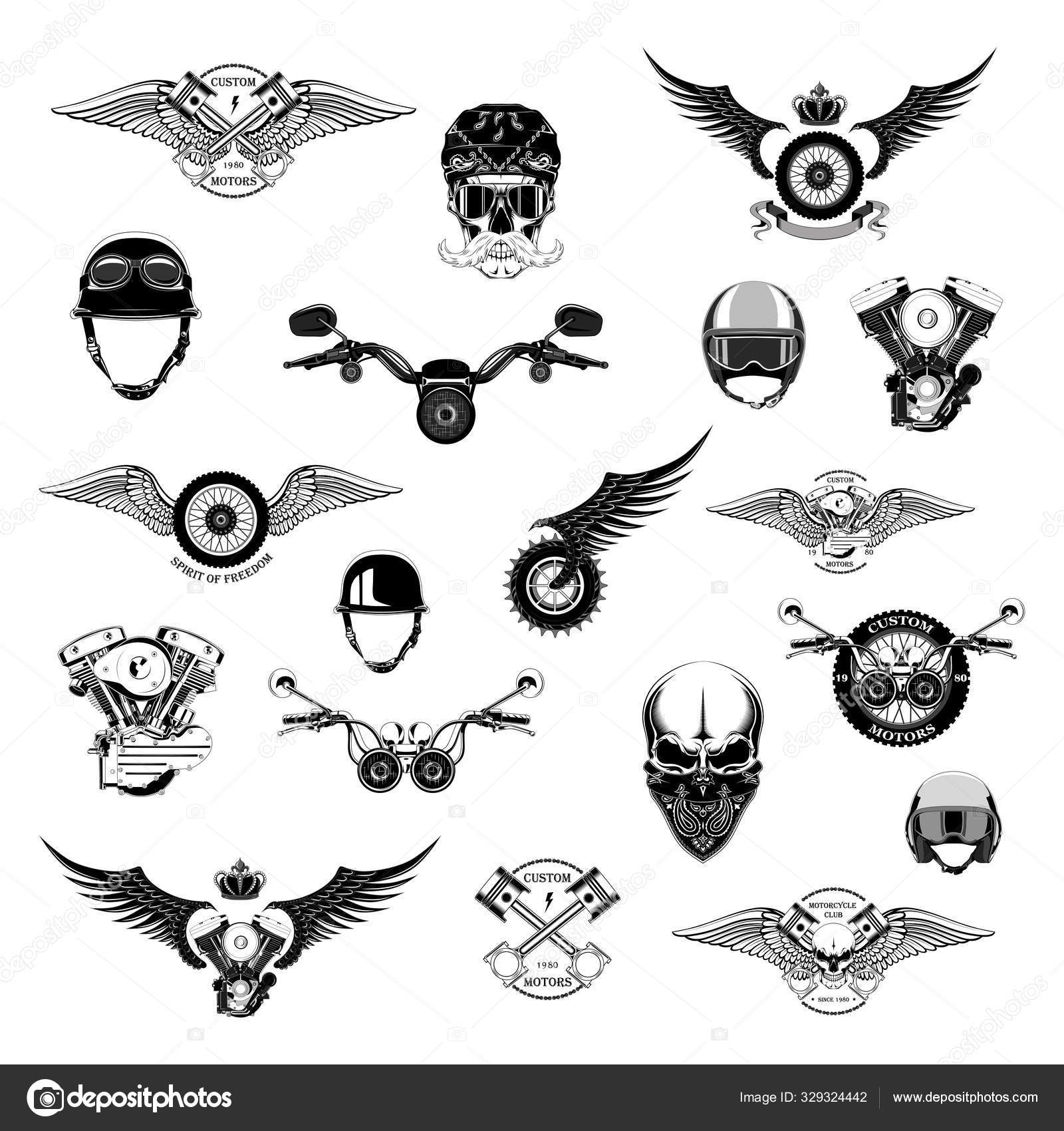 Monochrome Set Motorcycle Emblems Motorcycle Elements Engines Wheel ...