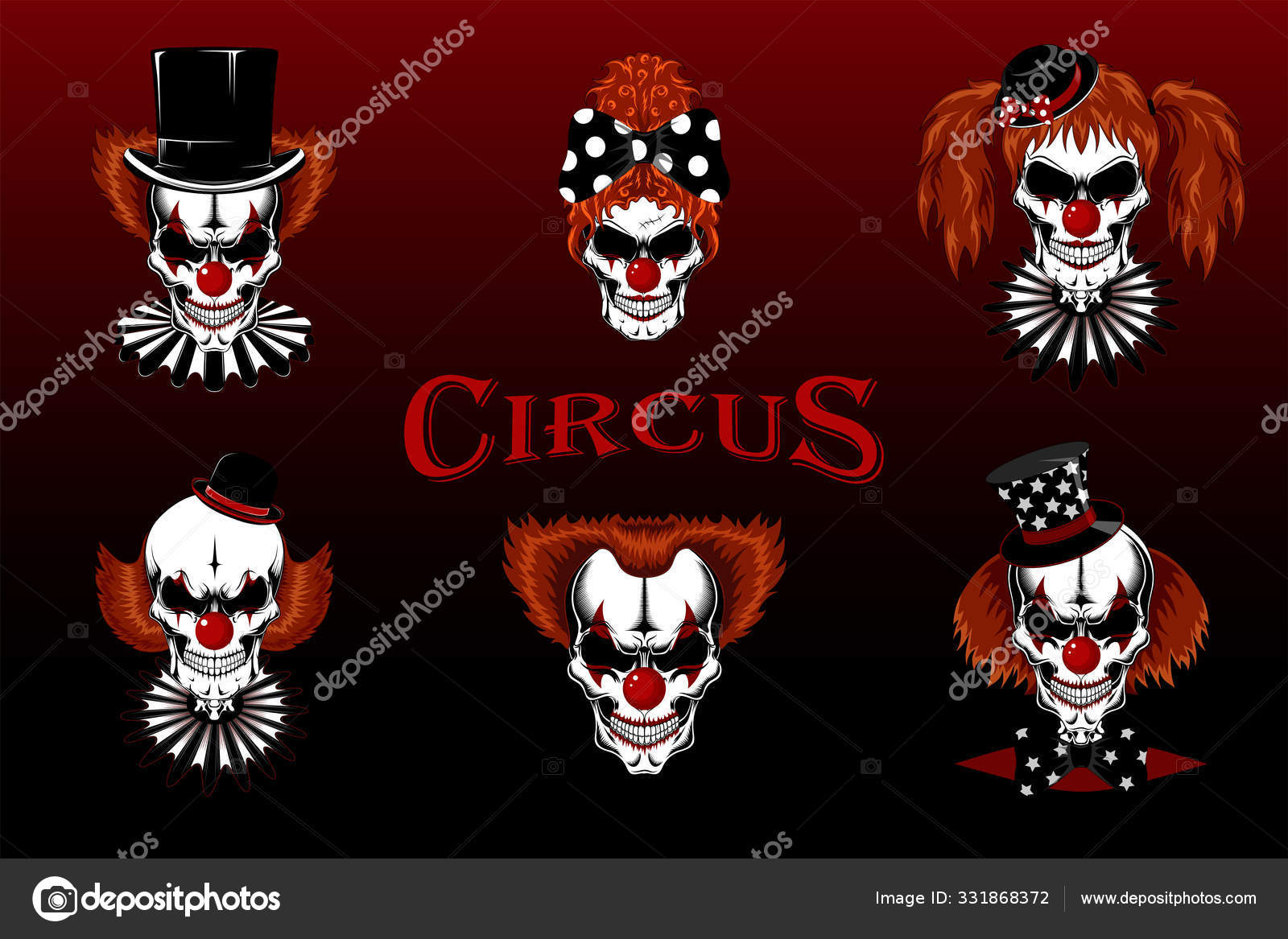 Set Vector Images Evil Skulls Clowns Clowns Hats Jabot Stock Vector ...