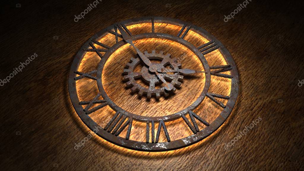 Las vueltas del tiempo de un viejo reloj. Las agujas del reloj giran ...