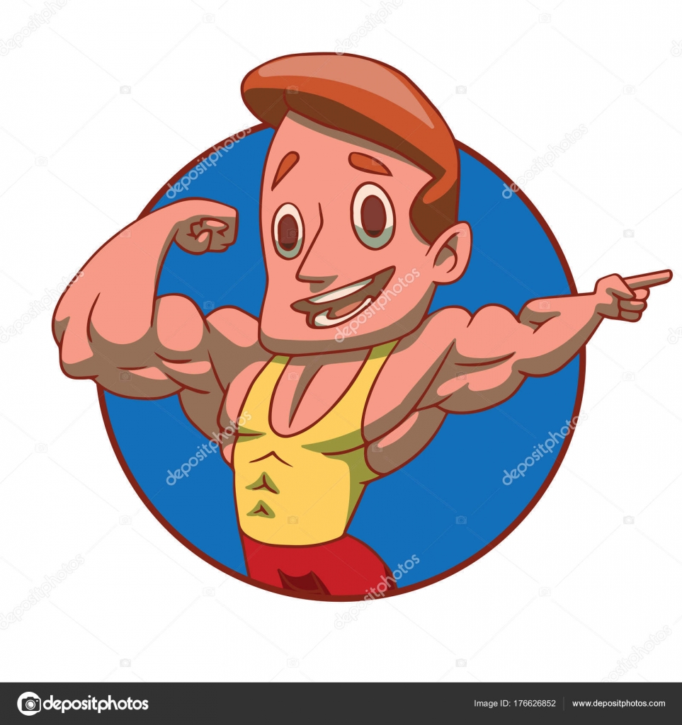 Round frame, funny muscular man with brown hair presenting somet Stock ...
