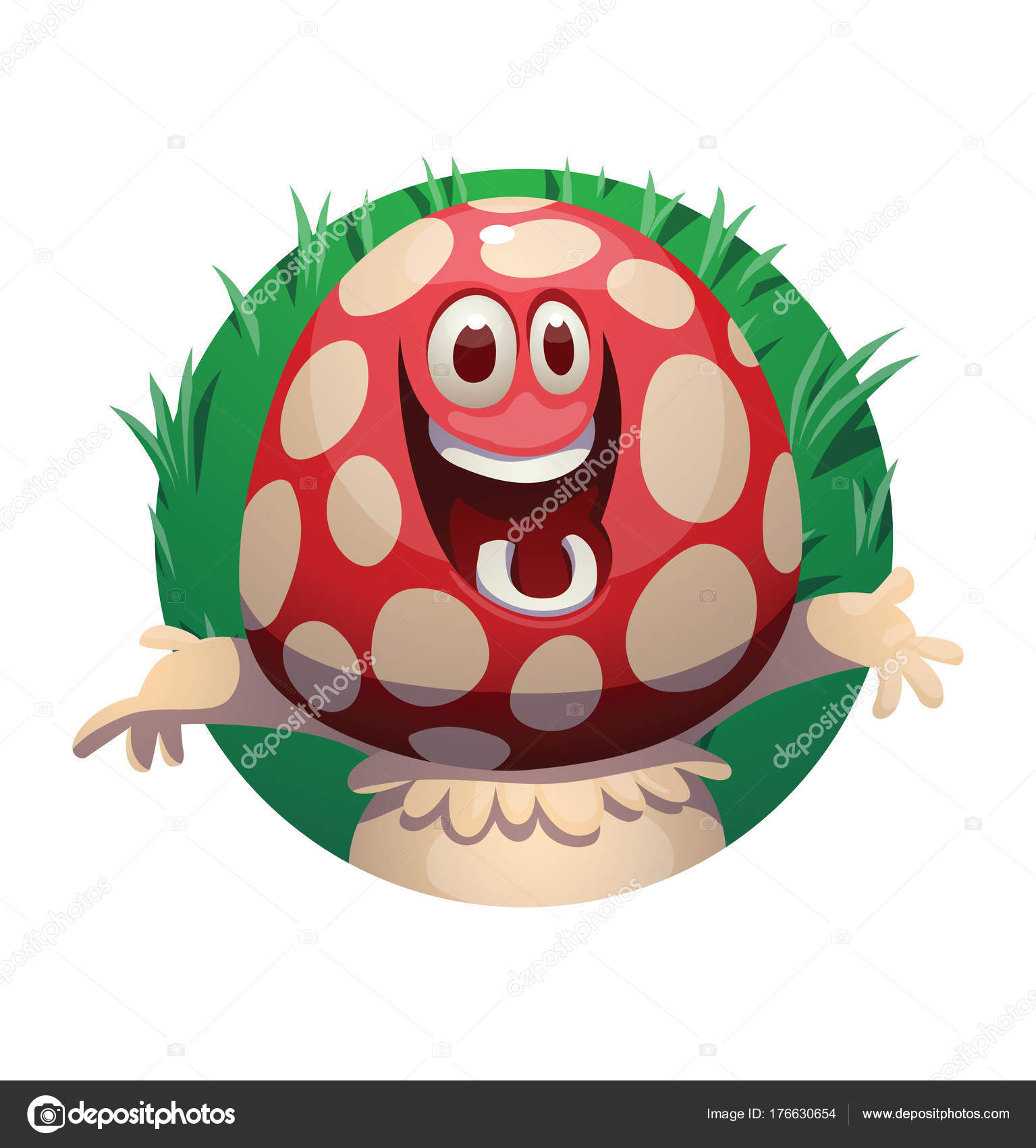 Grassy frame, funny little happy amanita-mushroom happily smilin Stock ...