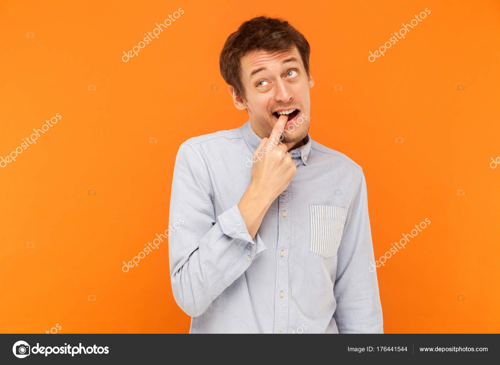 Something Stuck Teeth Funny Young Adult Business Man Touching Finger ...