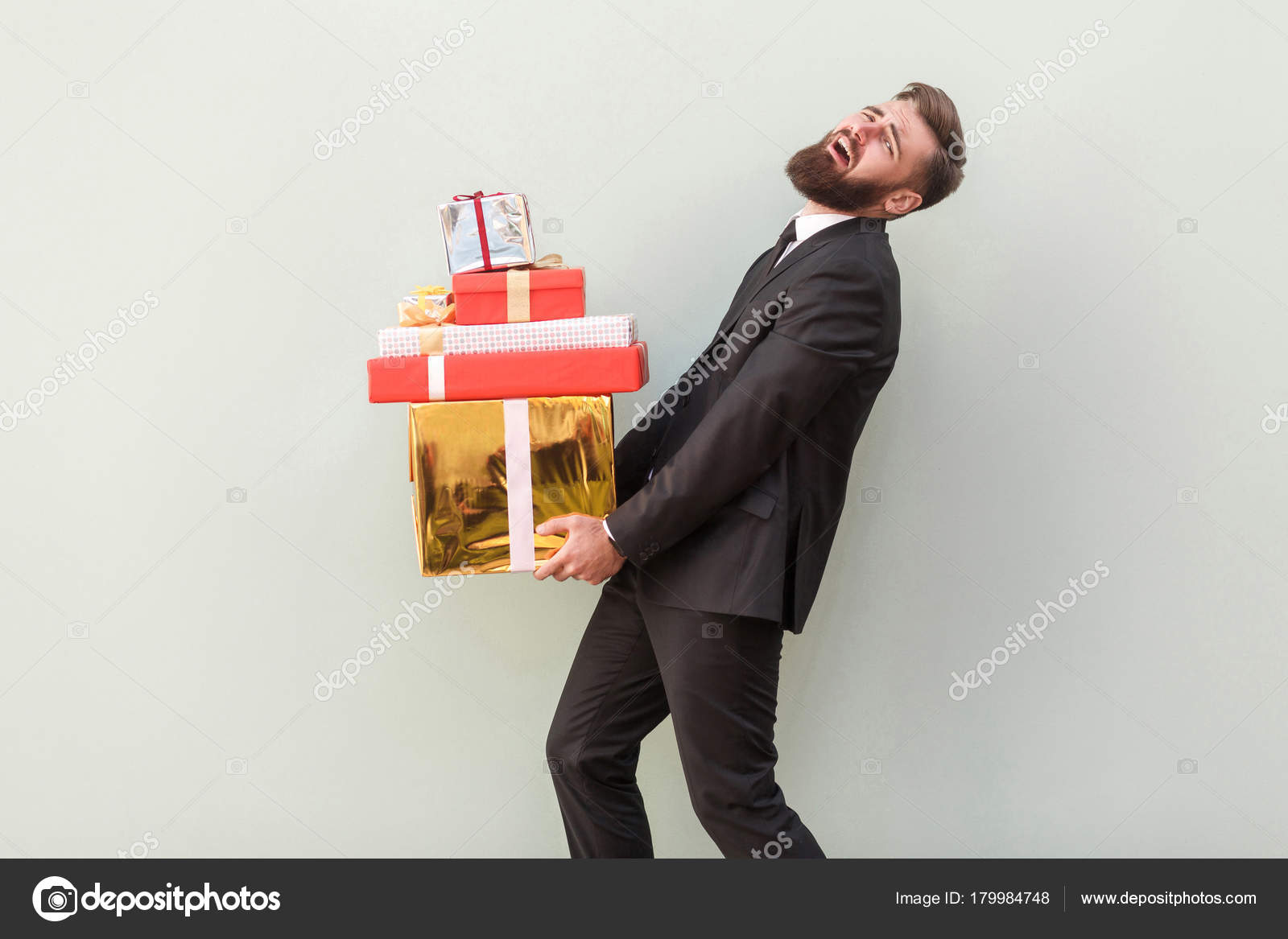 Tired Boss Crying While Carrying Pile Heavy Gift Boxes Grey Stock Photo ...
