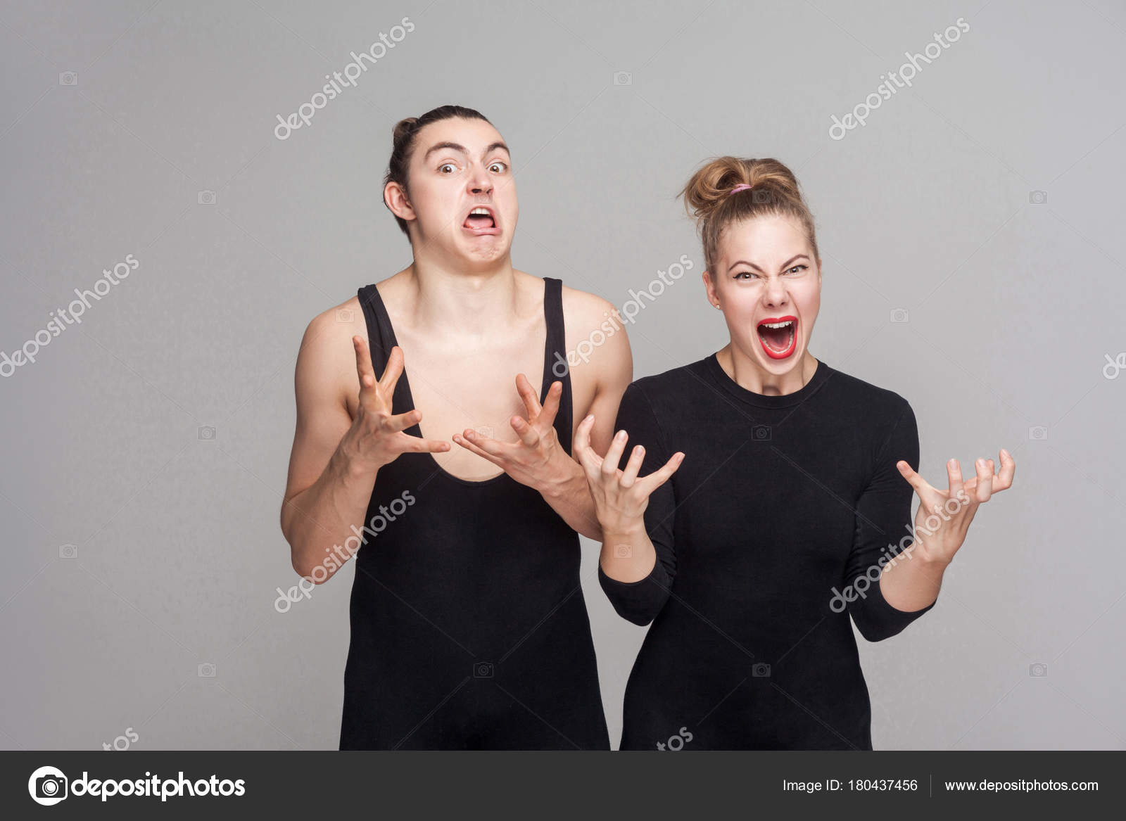 Unhappy Angry Couple Dancers Leotards Shouting Rage Gray Background ...