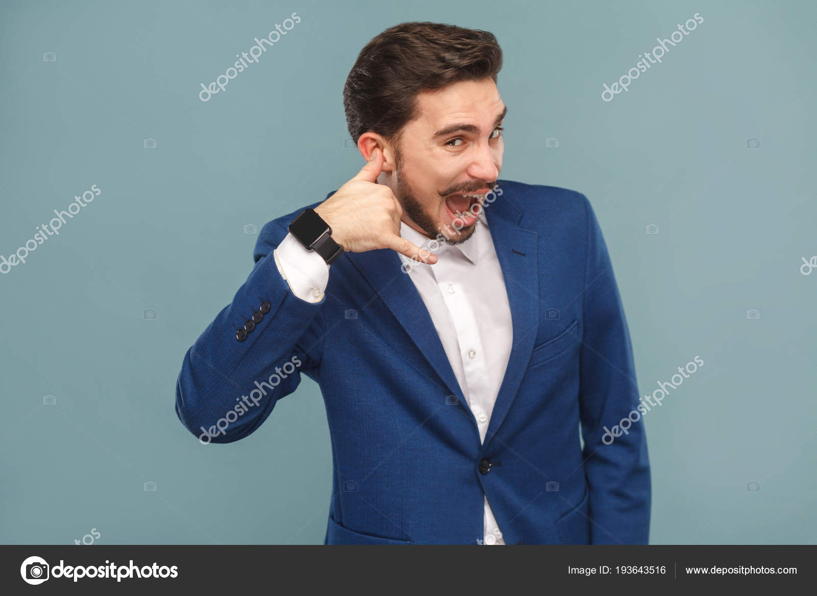 Smiling Businessman Showing Call Sign Smiling Light Blue Background ...