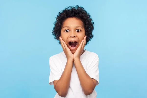 Wow look, advertise here! Portrait of amazed cute little boy wit Stock ...