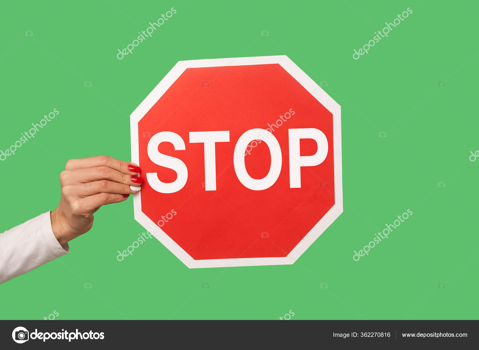 Closeup Female Hand Holding Octagonal Red Stop Traffic Sign Symbol ...