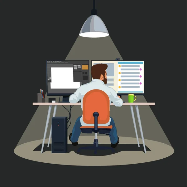 Man programmer back working on his PC computer. Coding and programming ...