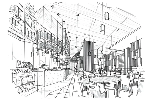 sketch perspective interior all day & restaurant - Stock Image - Everypixel
