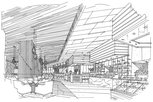sketch perspective interior all day & restaurant - Stock Image - Everypixel