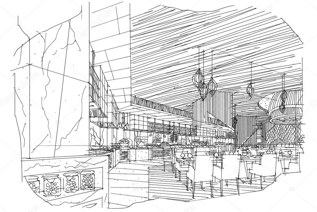 Sketch perspective interior all day & restaurant — Stock Photo © last19 ...
