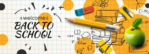 Bienvenida De vuelta a la escuela pancarta horizontal, garabato sobre ...