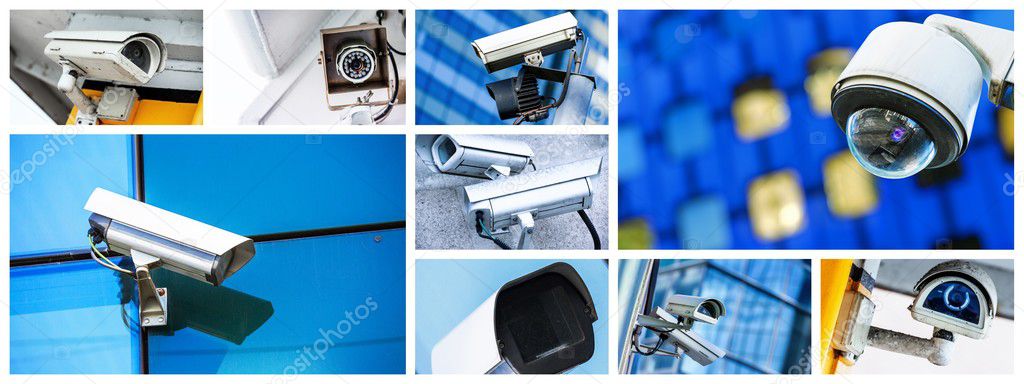 Panoramic collage of security CCTV camera or surveillance system ...