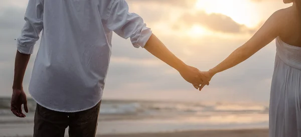 Romantic Couple Walking Holding Hands Each Other While Beach Sunrise