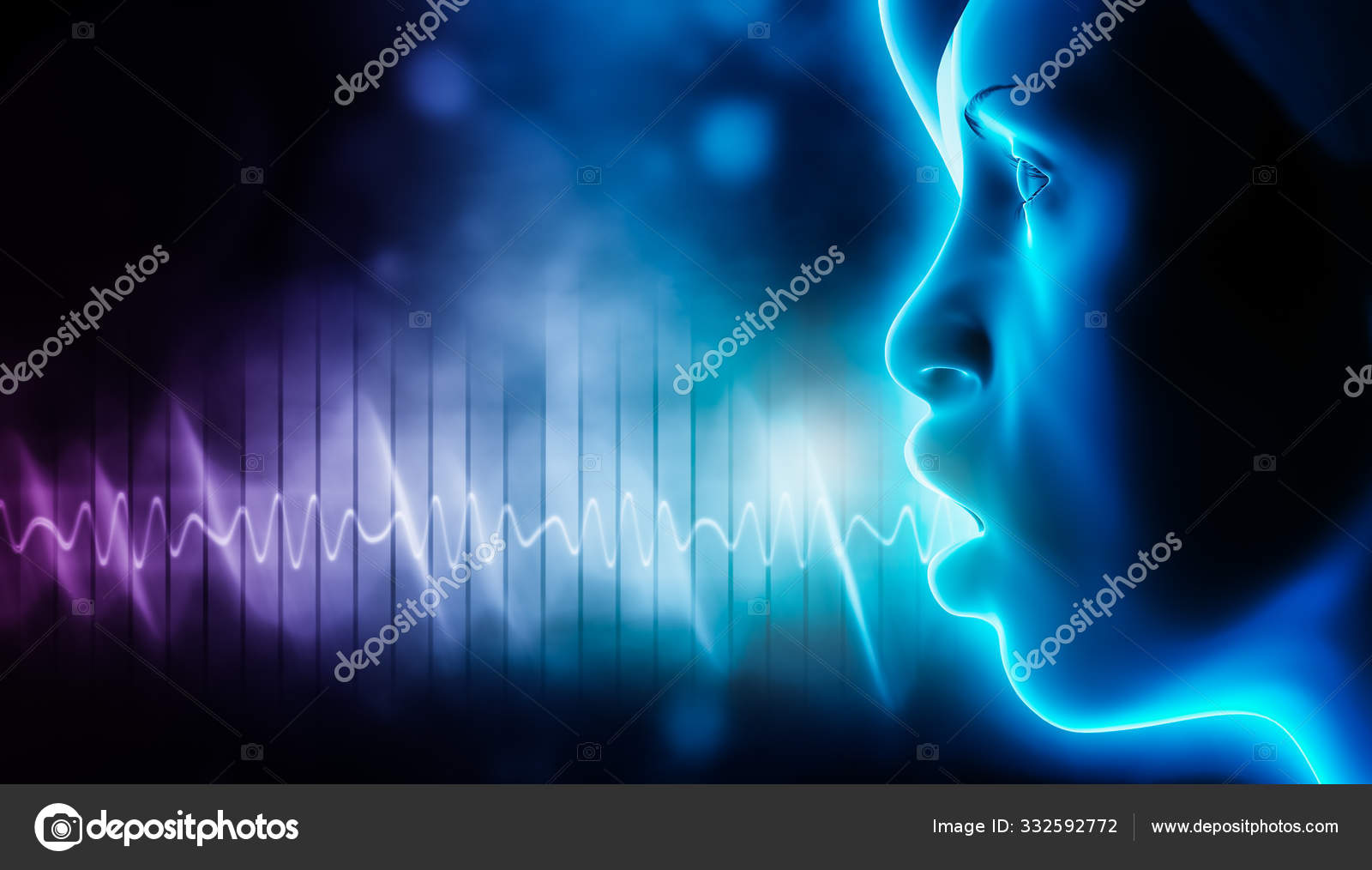 Voice soundwave with human head profile representing someone speaking ...