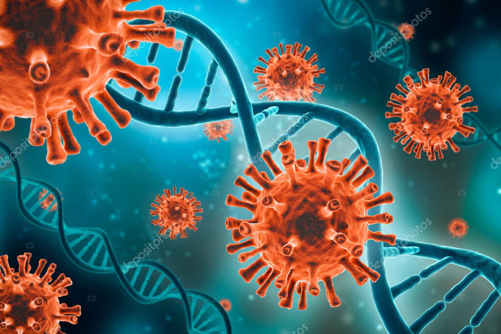 Células microscópicas de virus rojos y hebras de ADN sobre un fondo ...