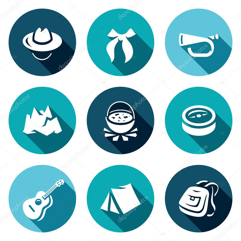 Vector Set of Scouting Icons. Hat, Tie, Whistle, Mountain, Boiler ...