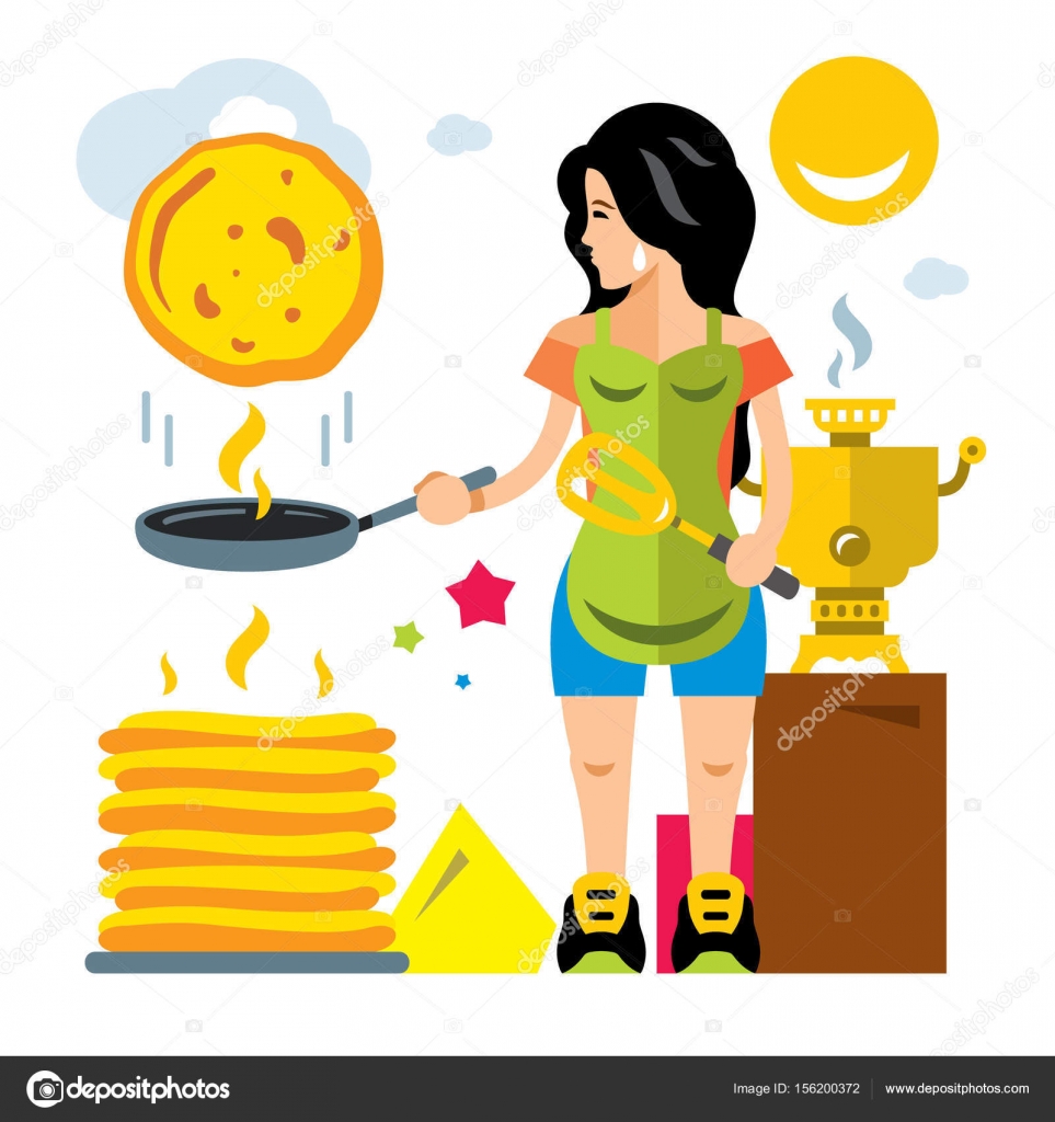 Vector Woman bakes pancakes. Flat style colorful Cartoon illustration ...