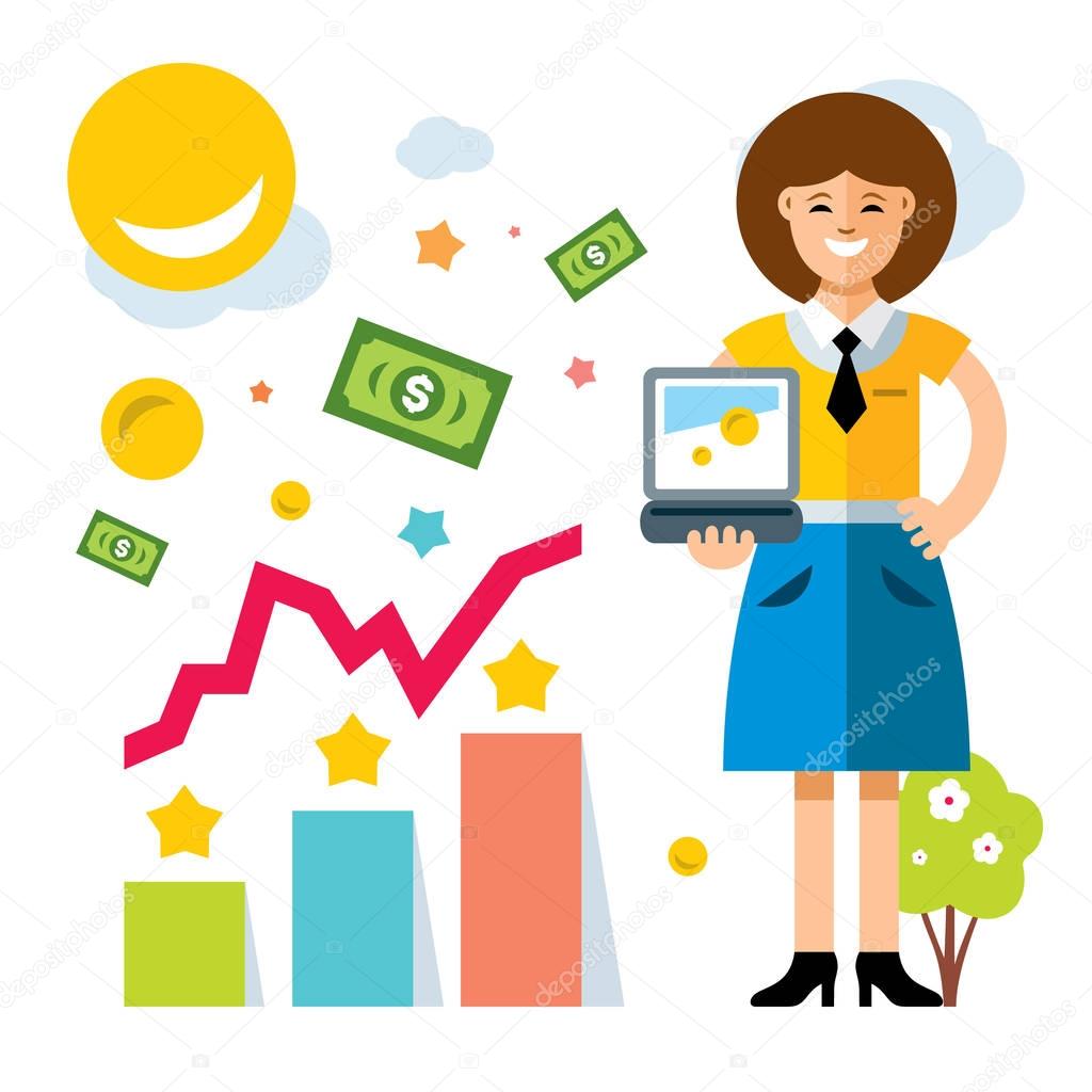 Mujer de negocios vectorial usando laptop. Estilo plano colorido ilustraci n de dibujos animados ...