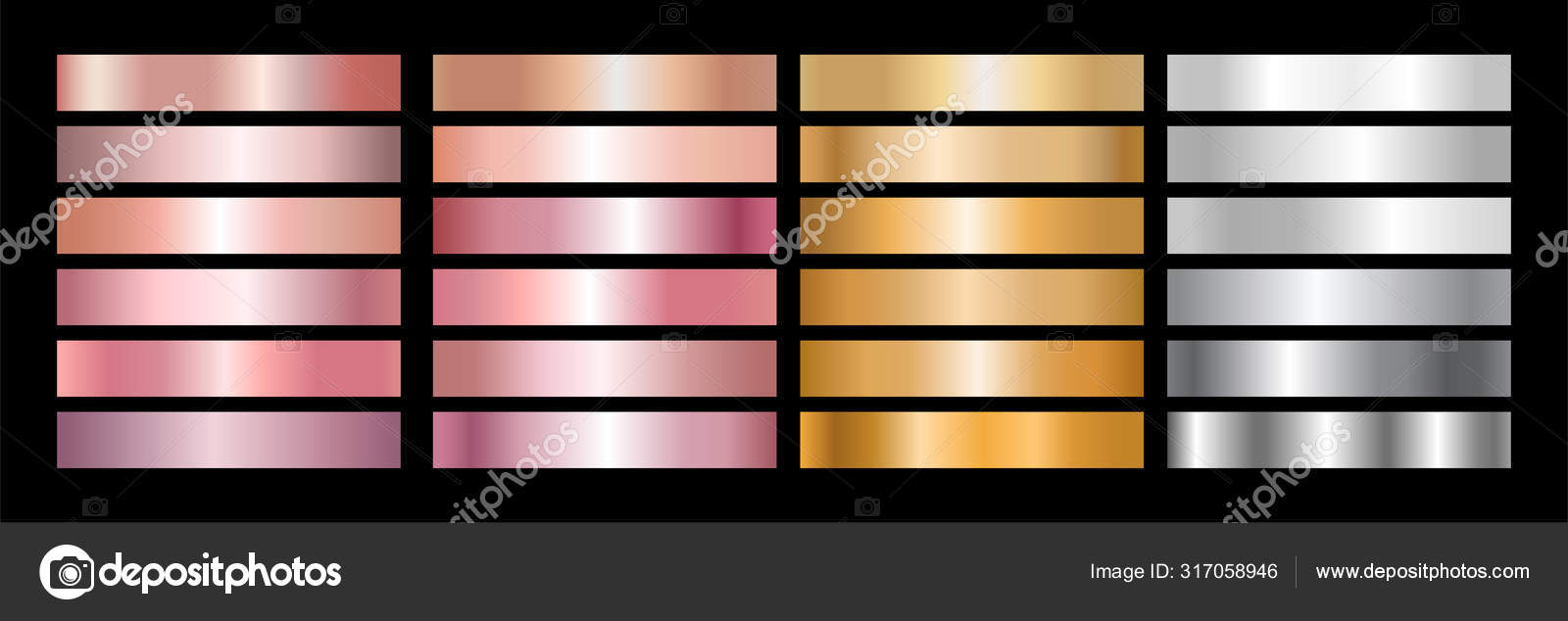 Metal Gradient Collection of Rose Gold, Golden and Silver Swatch Stock ...