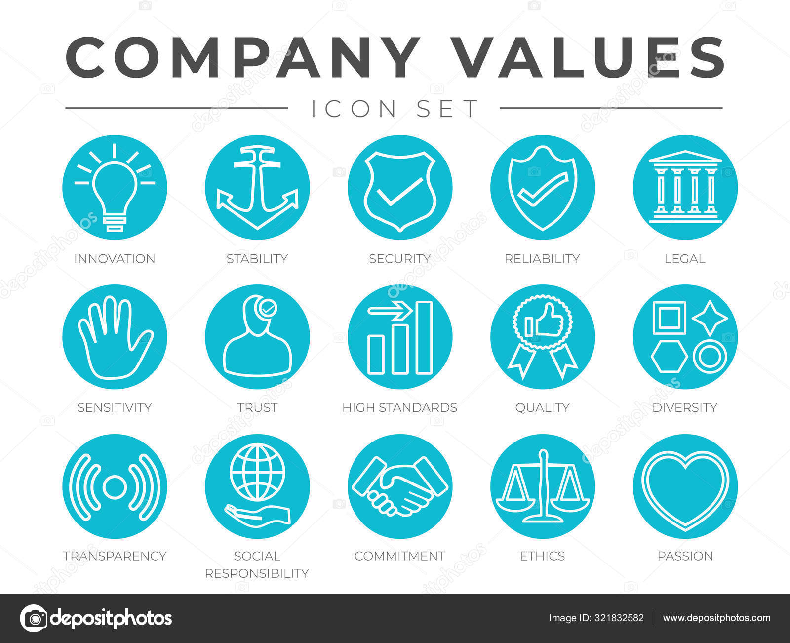 Company Core Values Round Outline Icon Set. Innovation, Stabilit Stock ...
