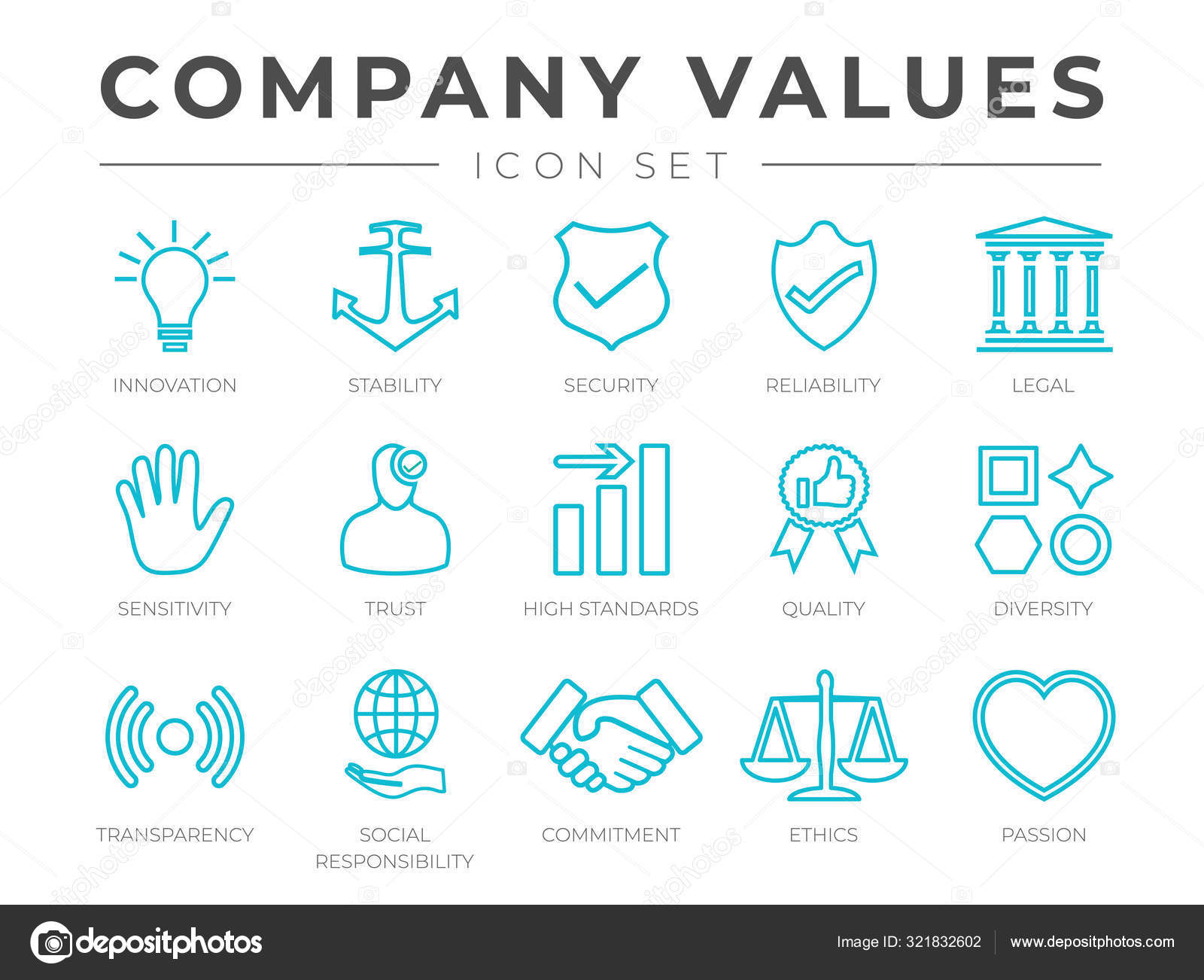 Business Company Core Values Outline Icon Set. Innovation, Stabi ...
