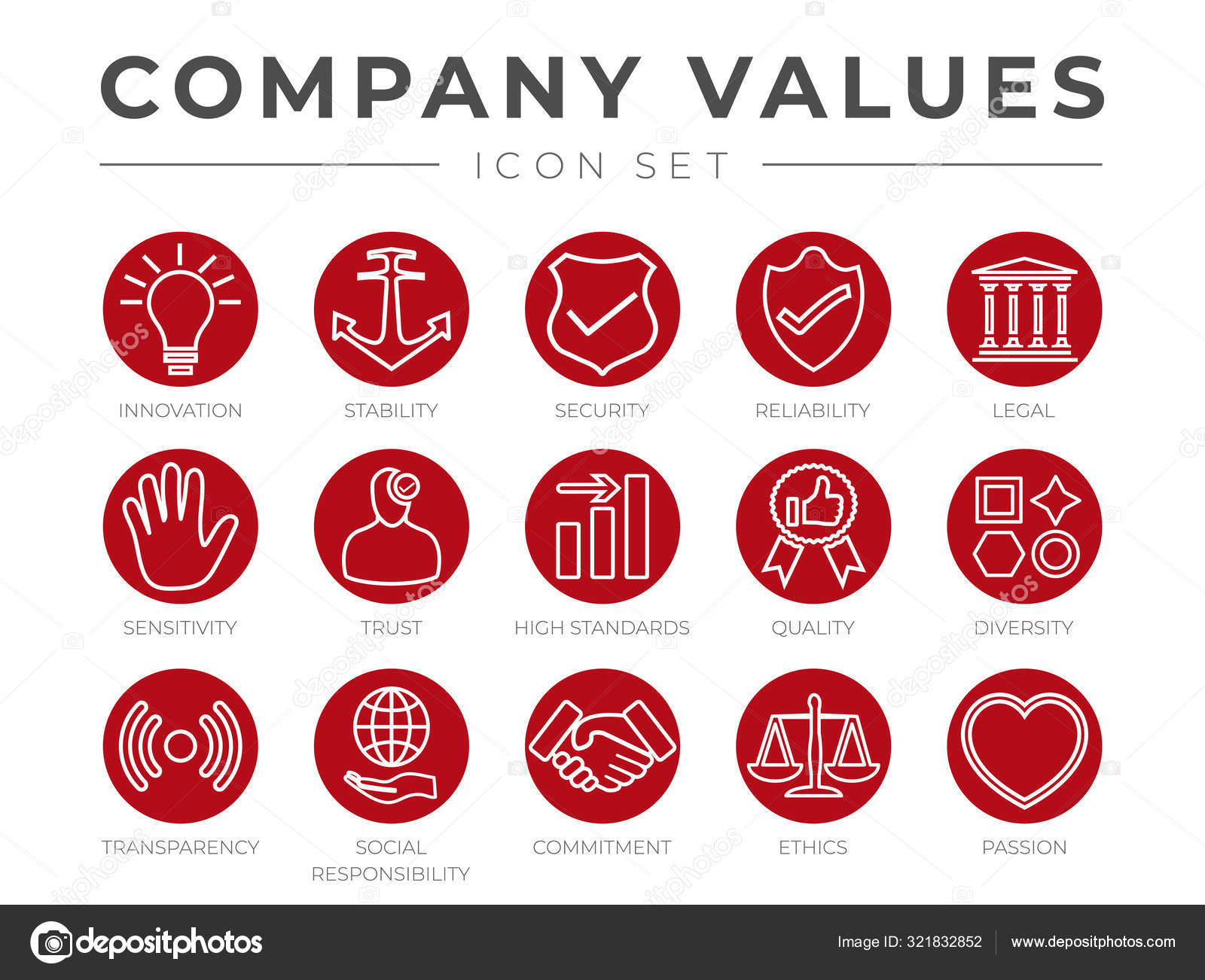 Business Company Core Values Outline Icon Set. Innovation, Stabi Stock ...